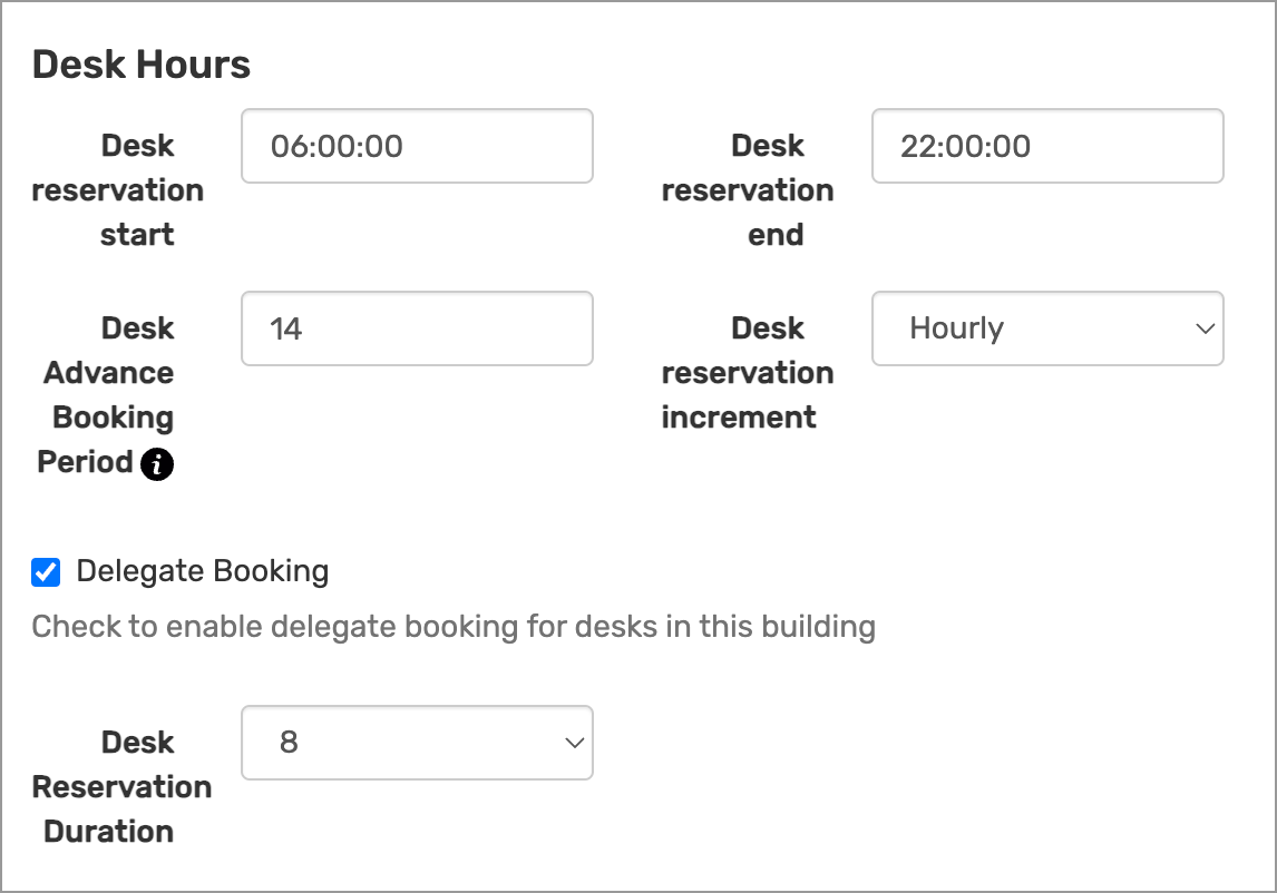 Building-wide booking settings for desks and rooms