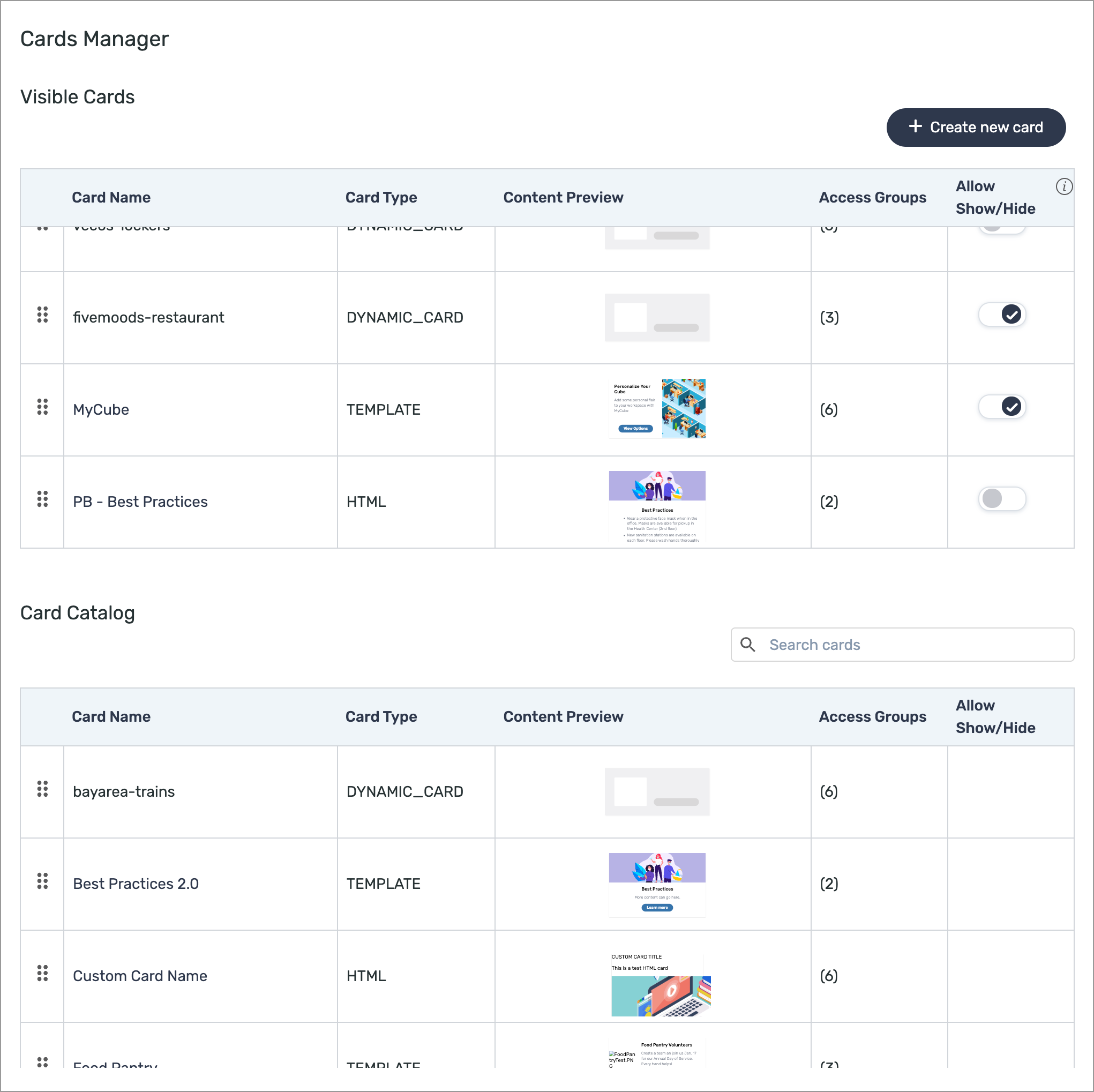 Homepage cards overview